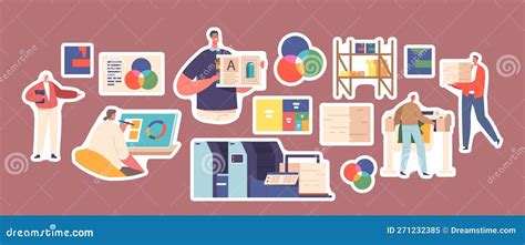 Set Of Stickers Printing House Advertising Agency Polygraphy Industry Designers Workers