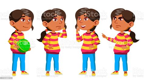 아랍 무슬림 소녀 유치원 아이 포즈 벡터를 설정 합니다 유치원 젊은 사람 밝은 웹 브로셔 포스터 디자인 고립 된 만화 삽화 개에 대한 스톡 벡터 아트 및 기타 이미지