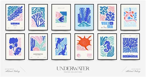 수중 세계 바다 바다 물고기와 조개 수직 전단지 또는 포스터 템플릿 현대 유행 프리미엄 벡터