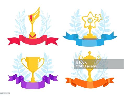 리본 장식 세트 벡터 일러스트와 트로피 상 성공 승리 챔피언 우승자를위한 상금 컵 보상 스포츠 대회 승리 감탄에 대한 스톡 벡터