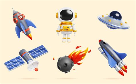 3d 우주 왕복선 우주 비행사 로켓 Ufo 외계 우주선 및 불을 가진 유성 만화 렌더링 귀여운 우주 비행사 캐릭터 인공 지구 위성 및 화염과 돌 소행성의 세트 3차원 형태에