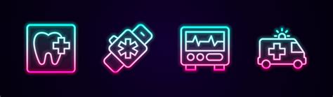 세트 라인 치과 진료소 위치 심장스마트 워치 모니터 심근 및 구급차 빛나는 네온 아이콘 벡터 건강 진단에 대한 스톡 벡터 아트