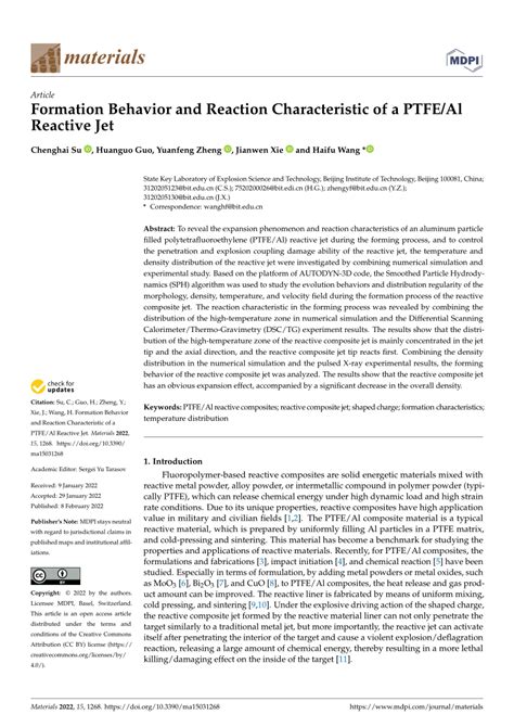 Pdf Formation Behavior And Reaction Characteristic Of A Ptfeal Reactive Jet
