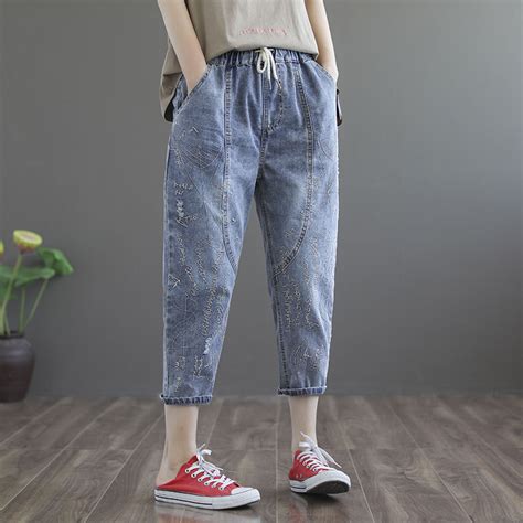 代勒原文艺复古创刺绣拼接七分牛仔裤女夏季松紧腰宽松大码哈伦裤虎窝淘