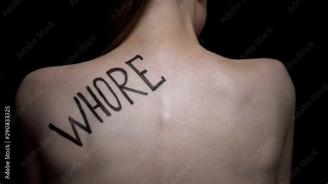 Insecure Naked Female Showing Word Whore On Shoulder Public