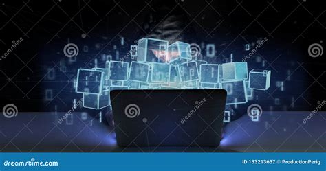 Man Hacking A Cloud Of Blockchain Cube And Binary Data 3d Render Stock
