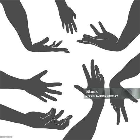 하얀 배경에 고립된 인간 손의 다양한 몸짓 다양한 상황에서 손의 벡터 평면 그림입니다 인포그래픽 웹 인터넷 프레젠테이션을 위한 벡터 디자인 요소 개성 개념에 대한 스톡 벡터