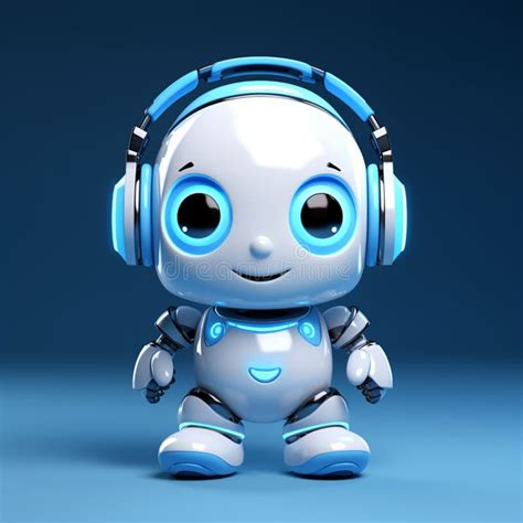 Cute Ai Chat Bot Isolated On Blue Wearing Stylish Headphones Stock