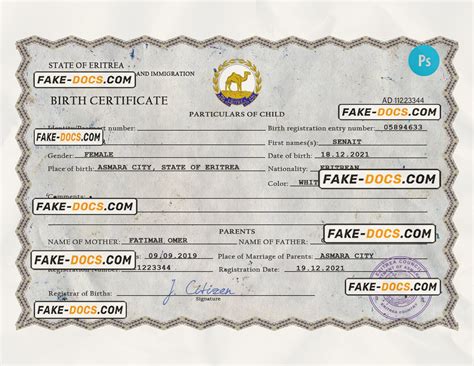 Eritrea Vital Record Birth Certificate Psd Template Fully Editable