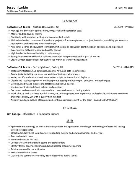 Software QA Tester Resume Samples Velvet Jobs