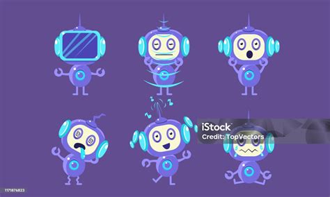 귀여운 로봇 캐릭터 세트 다른 포즈와 다양한 감정 벡터 일러스트에서 재미있는 로봇 로봇에 대한 스톡 벡터 아트 및 기타 이미지 로봇 다양 죽음 물리적 묘사 Istock