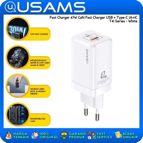 Jual USAMS Fast Charger 47W GaN Fast Charger USB Type C 1A 1C T41 White Di Seller Kasamso