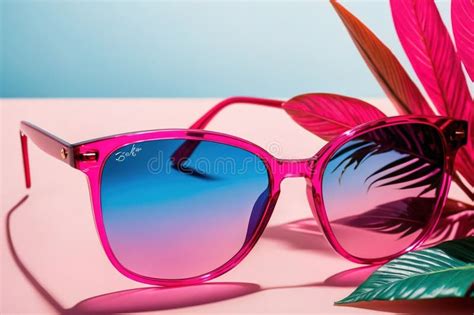 Vibrant Colorful Tropical Vacation Theme With Pastel Blue And Pink Sunglasses Stock