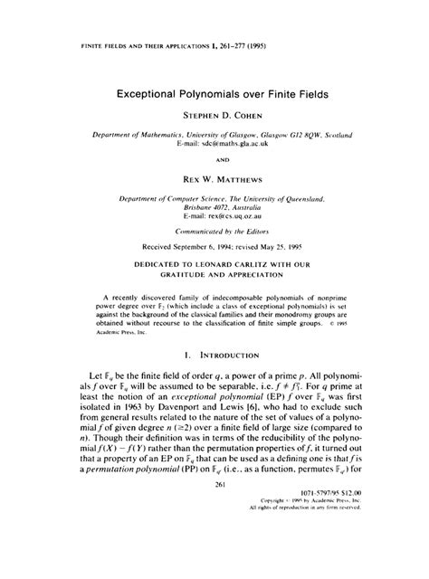 Pdf Regular Article Exceptional Polynomials Over Finite Fields