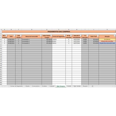 Planilha Controle De Vendas Estoque Compras E Pagamentos