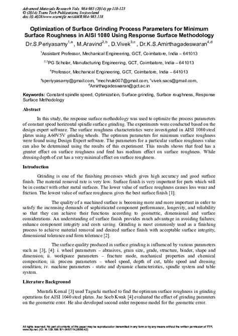 Pdf Optimization Of Surface Grinding Process Parameters For Minimum Surface Roughness In Aisi
