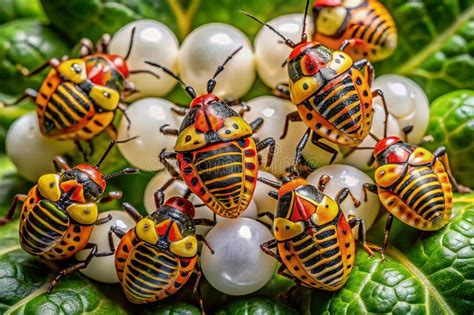 Tiny Stink Bug Nymphs Resting On Their Hatching Eggs A Macro