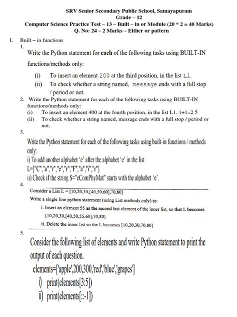 Grade 12 Practice Test 13 2 Marks Qno 23 Built In