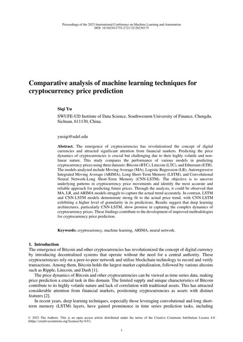 PDF Comparative Analysis Of Machine Learning Techniques For Cryptocurrency Price Prediction