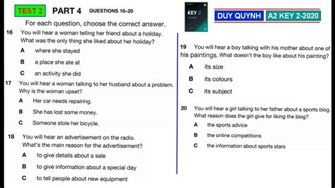 A2 Key 2 Authentic Practice Tests 2020 Test 2 Part 4 A2key2
