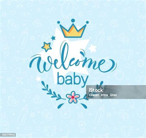 안녕하세요 아기 소년 벡터 포스터 와 서예 구성 크라운과 꽃 요소 0명에 대한 스톡 벡터 아트 및 기타 이미지 0명 1