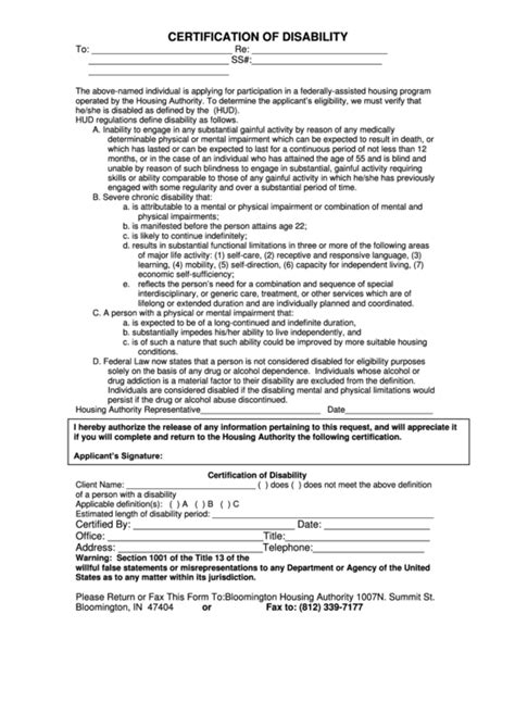 Certification Of Disability Form Printable Pdf Download