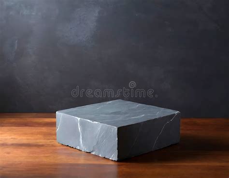 Product Platform Rectangular Stone Podium On A Wooden Table Stock Product Platform Rectangular Stone Podium On A Wooden Table Stock
