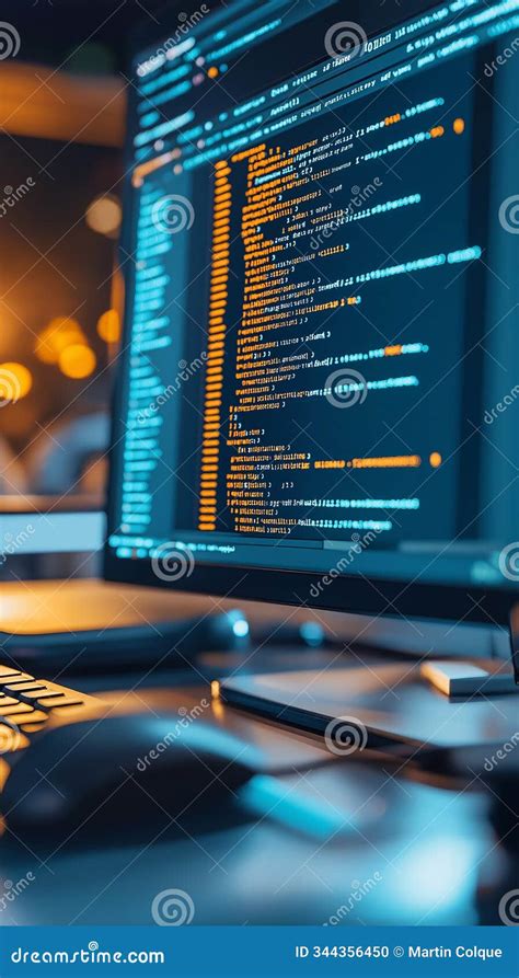 Modern Workspace With Computer And Coding Screen At Night Stock Illustration Illustration Of