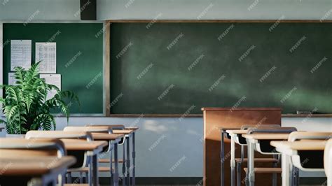 Premium Photo Blackboard Desks And Chairs In Empty School Classroom 3d Rendering
