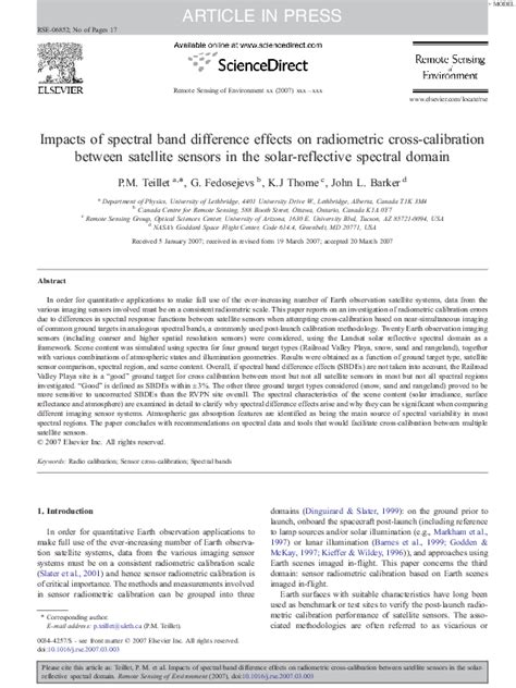 Pdf Impacts Of Spectral Band Difference Effects On Radiometric Cross Calibration Between
