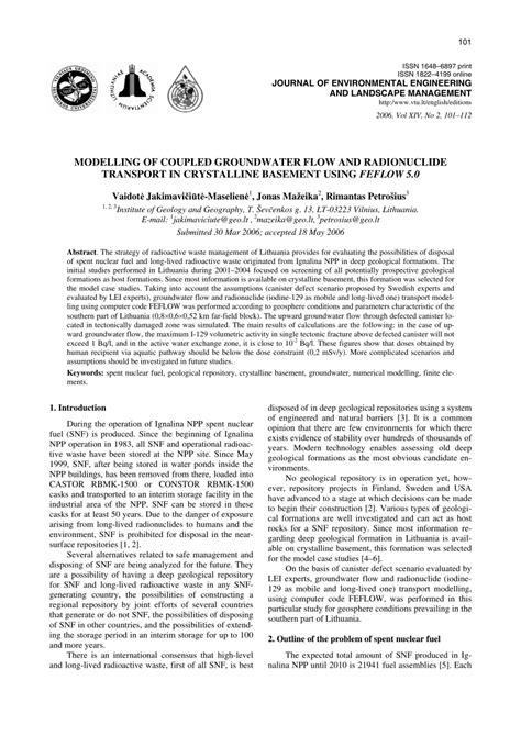 Pdf Modelling Of Coupled Groundwater Flow And Radionuclide Transport In Crystalline Basement