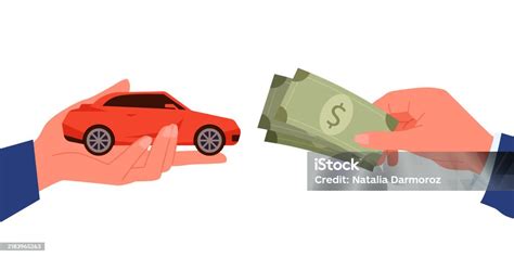 자동차 판매 거래 만화 벡터 일러스트 레이 션하기 전에 작은 빨간색 중고 또는 새 자동차 및 현금 달러 지폐를 들고 손 자동차 구매 또는 임대 대리점 구매자가 판매자에게