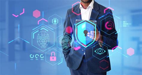 African Man With Smartphone In Office Cybersecurity Interface Stock