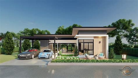 แบบบ้านชั้นเดียวสไตล์โมเดิร์น ทรงตัวแอล หน้ากว้างหลังสั้น 2 ห้องนอน 2 ห้องน้ำ พื้นที่ 109 ตร ม