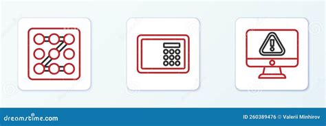 Set Line Monitor With Exclamation Mark Graphic Password Protection And Safe Icon Vector Stock