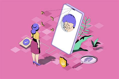 3d 아이소메트릭 디자인의 생체 제어 웹 개념 여성은 얼굴 인식 및 지문 스캔 인증 방법으로 보안 액세스를 사용합니다 사람 아이