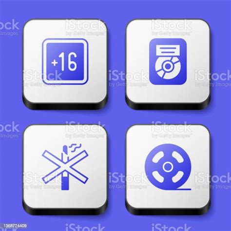 세트 플러스 16 영화 프레임cd 디스크 상 금연 및 필름 릴 아이콘 흰색 정사각형 버튼 벡터 경계 표지에 대한 스톡 벡터 아트 및 기타 이미지 Istock