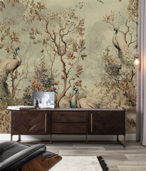 Elegant Klassiek Behang Met Fresco Tekening Van Trotse Pauwen