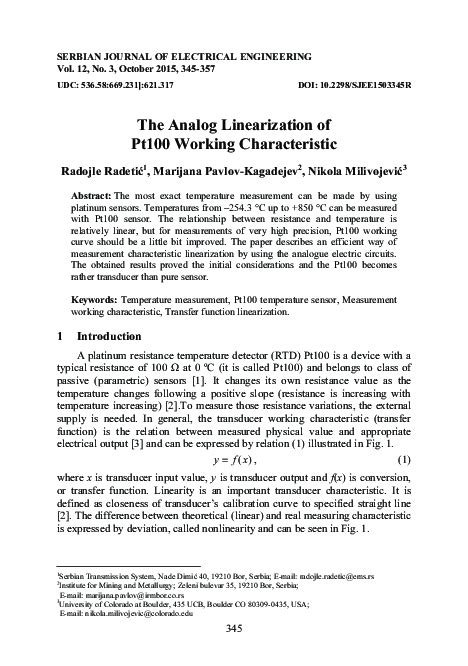 Pdf The Analog Linearization Of Pt100 Working Characteristic