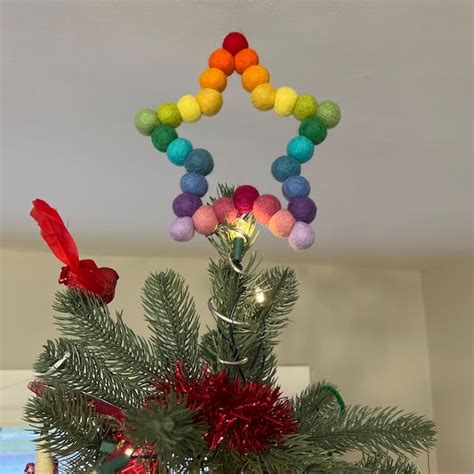 Rainbow Felt Ball Star Tree Topper Colourful Wool Beads Shaped Into A Star Christmas Tree
