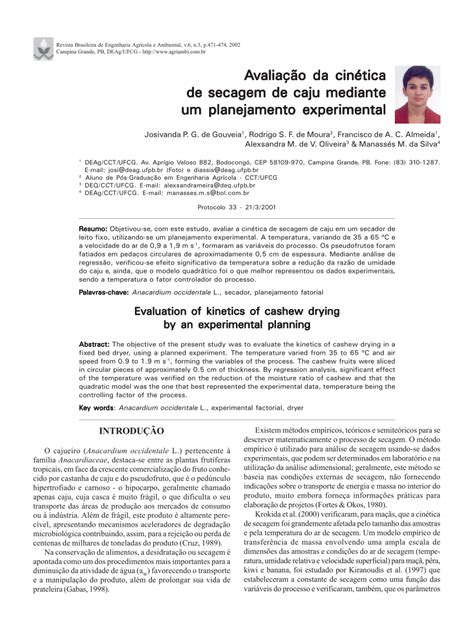 Pdf Evaluation Of Kinetics Of Cashew Drying By An Experimental Planning