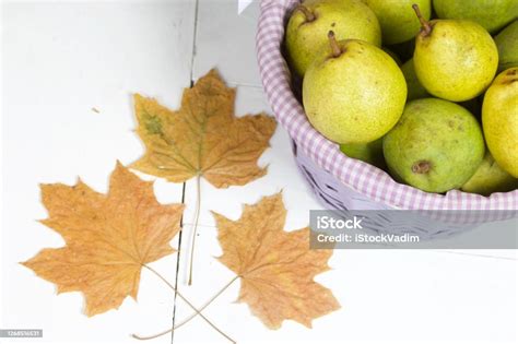 고리버들 바구니에 새 수확의 잘 익은 배 인근에는 말린 단풍나무 잎이 있습니다 0명에 대한 스톡 사진 및 기타 이미지 0명 가을 갈색 Istock