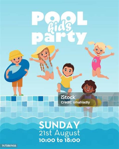 키즈 풀 파티 포스터 수영장에서 수영하는 아이들 만화 평면 스타일의 벡터 그림 수영장 스포츠 경기장에 대한 스톡 벡터 아트 및 기타 이미지 수영장 스포츠 경기장