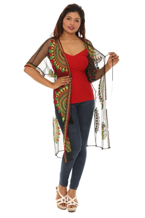 Womens Sheer Mesh Floral Rasta Embroidered Long Beach Duster