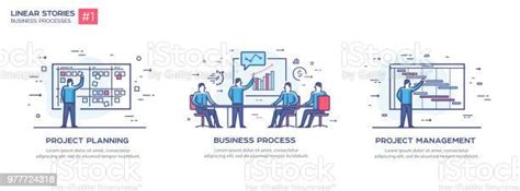 실업가와 삽화 개념의 집합입니다 워크플로 성장 그래픽입니다 사업 개발 이정표입니다 선형 그림 아이콘 인포 그래픽입니다 방문 페이지 사이트 인쇄 포스터입니다 선 이야기 계획에