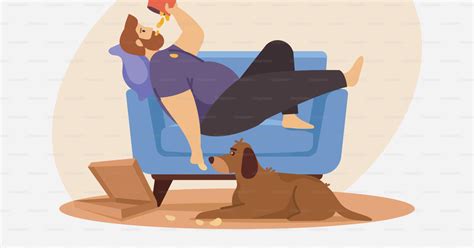 신체 활동 부족 수동적 인 생활 방식 나쁜 습관 앉아있는 생활 개념 과체중 남성 캐릭터가 소파에 누워 칩을 먹고 있다 게으른 뚱뚱한 남자는 집에서 혼자 휴식을