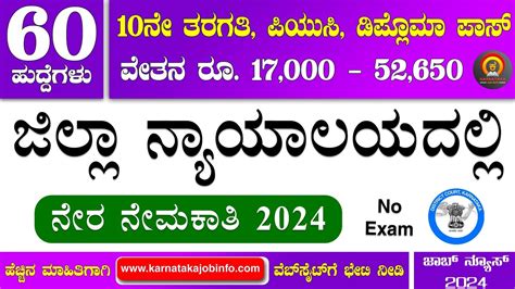 ಹತ್ತನೇ ತರಗತಿ ಹಾಗೂ ಪಿಯುಸಿ ಪಾಸ್ ಆಗಿರುವ ಅಭ್ಯರ್ಥಿಗಳಿಂದ ಜಿಲ್ಲಾ ನ್ಯಾಯಾಲಯದಲ್ಲಿ ಖಾಲಿ ಇರುವ ಹುದ್ದೆಗಳಿಗೆ