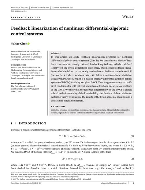 Pdf Feedback Linearization Of Nonlinear Differential‐algebraic