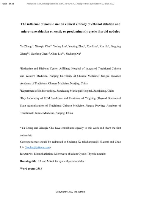 Pdf The Influence Of Nodule Size On Clinical Efficacy Of Ethanol Ablation And Microwave