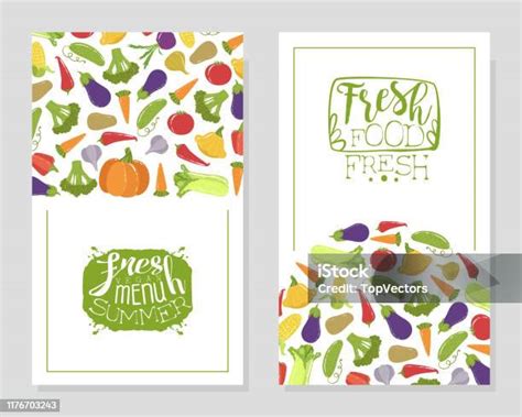 신선한 여름 비건 메뉴 카드 템플릿 세트 유기농 야채 원활한 패턴 헬시 채식 식품 디자인 요소는 포장 전단지 인증서 벡터 일러스트레이션에 사용될 수 있습니다 가지 채소에